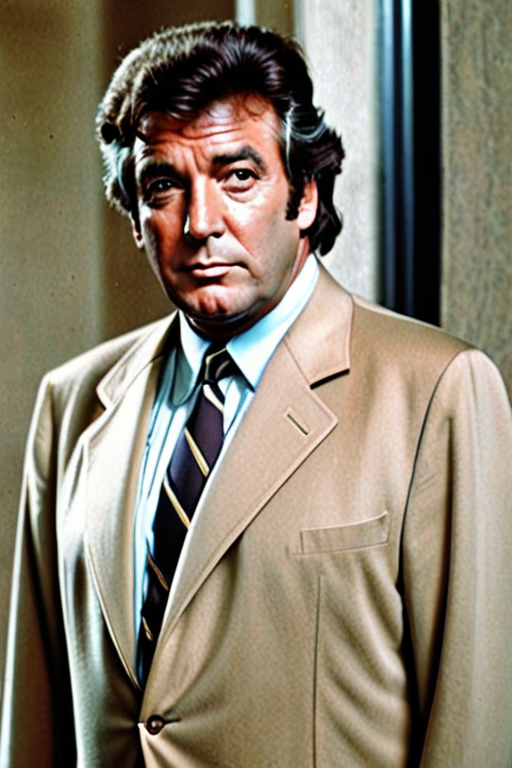 Trump as Columbo with long coat and beige suit and tie