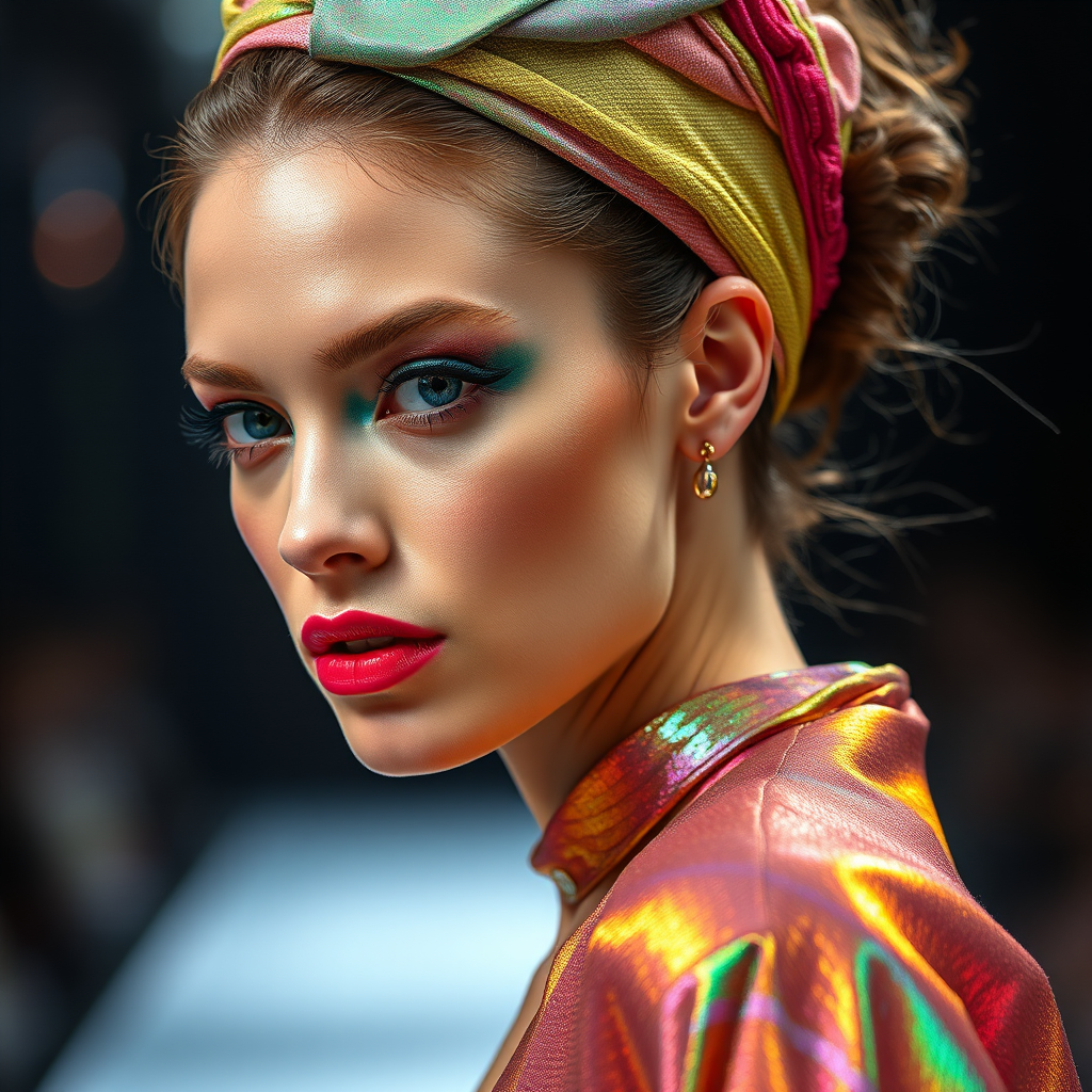 Striking Fashion Model Showcasing Bold Makeup and Vibrant Colorful Attire