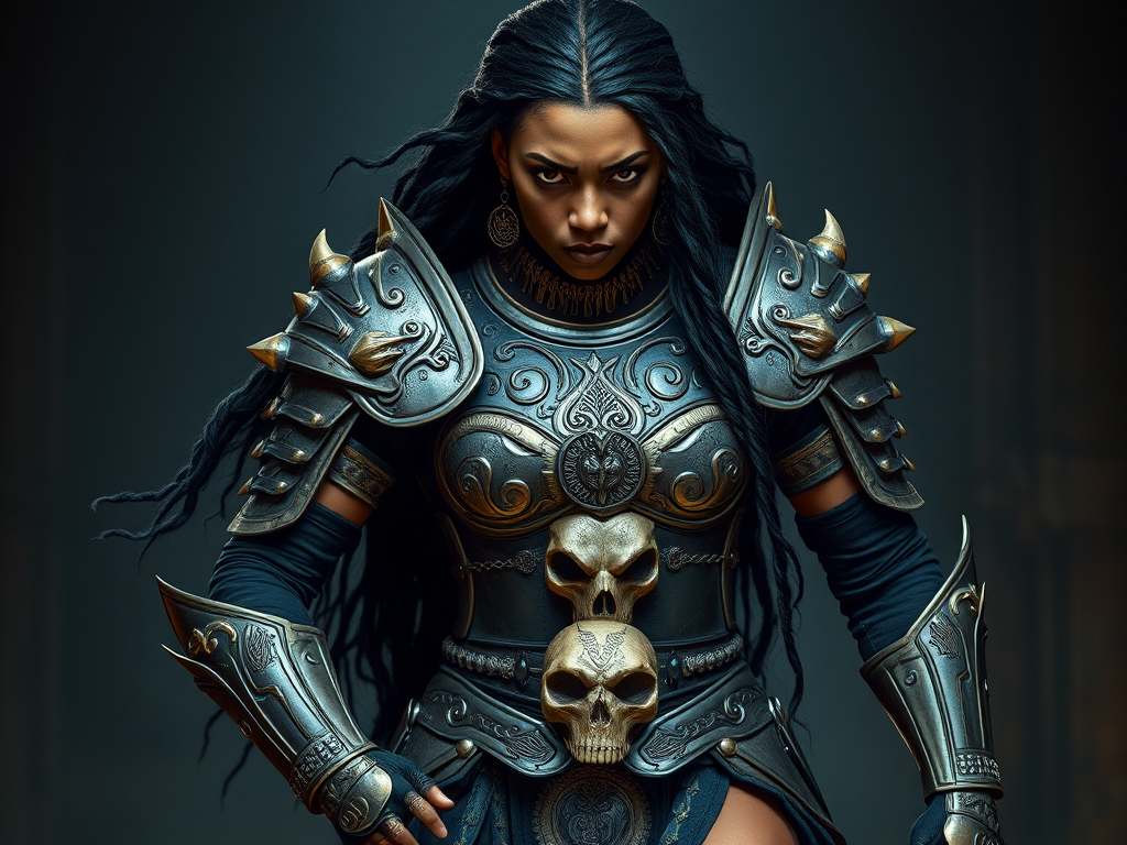 Fierce Warrior Princess in Elaborate Armor with Skull Adornments and ...