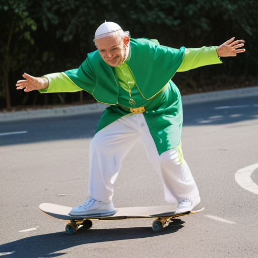 cartoon pope in green vestments having fun on a skateboard