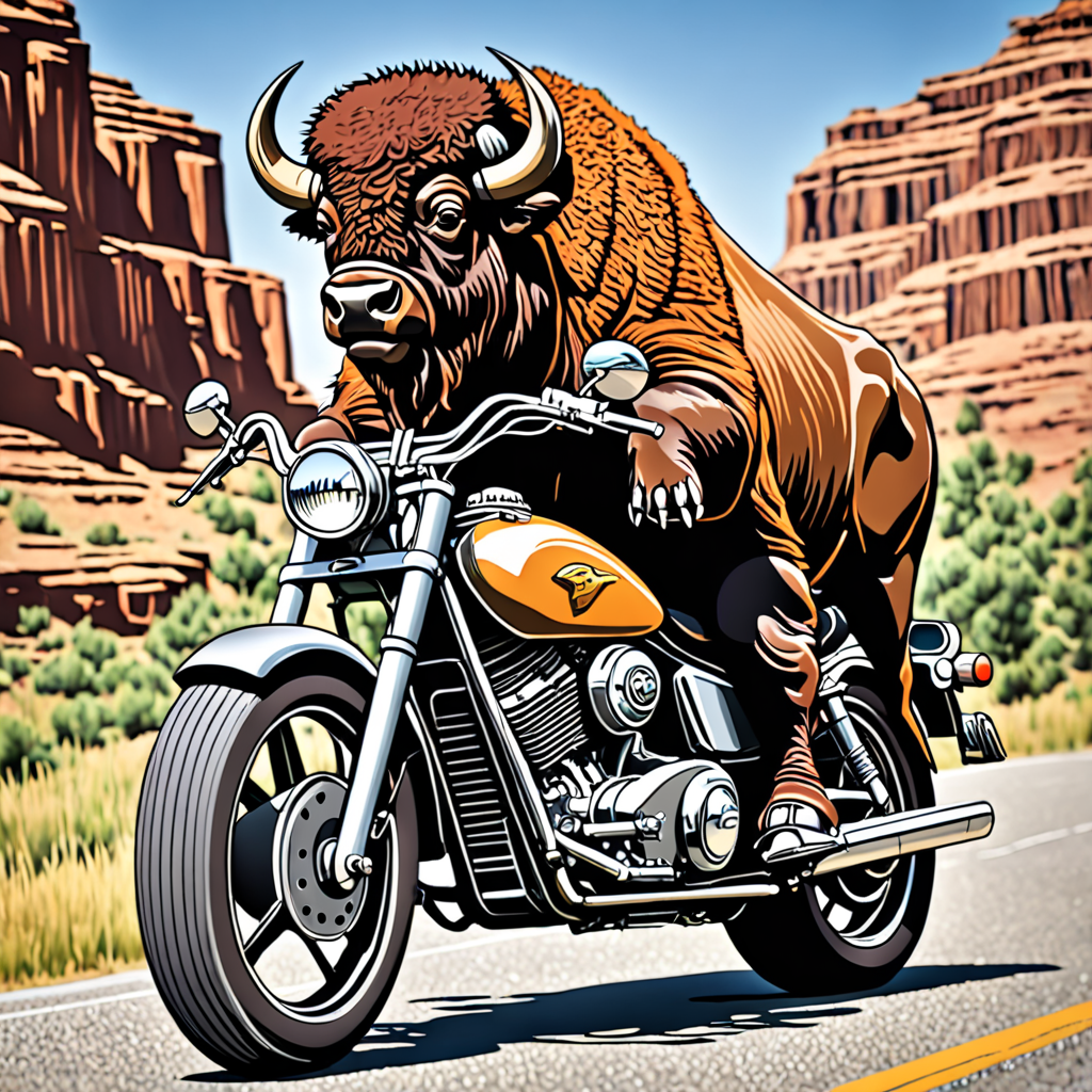 cartoon bison riding motorcycle