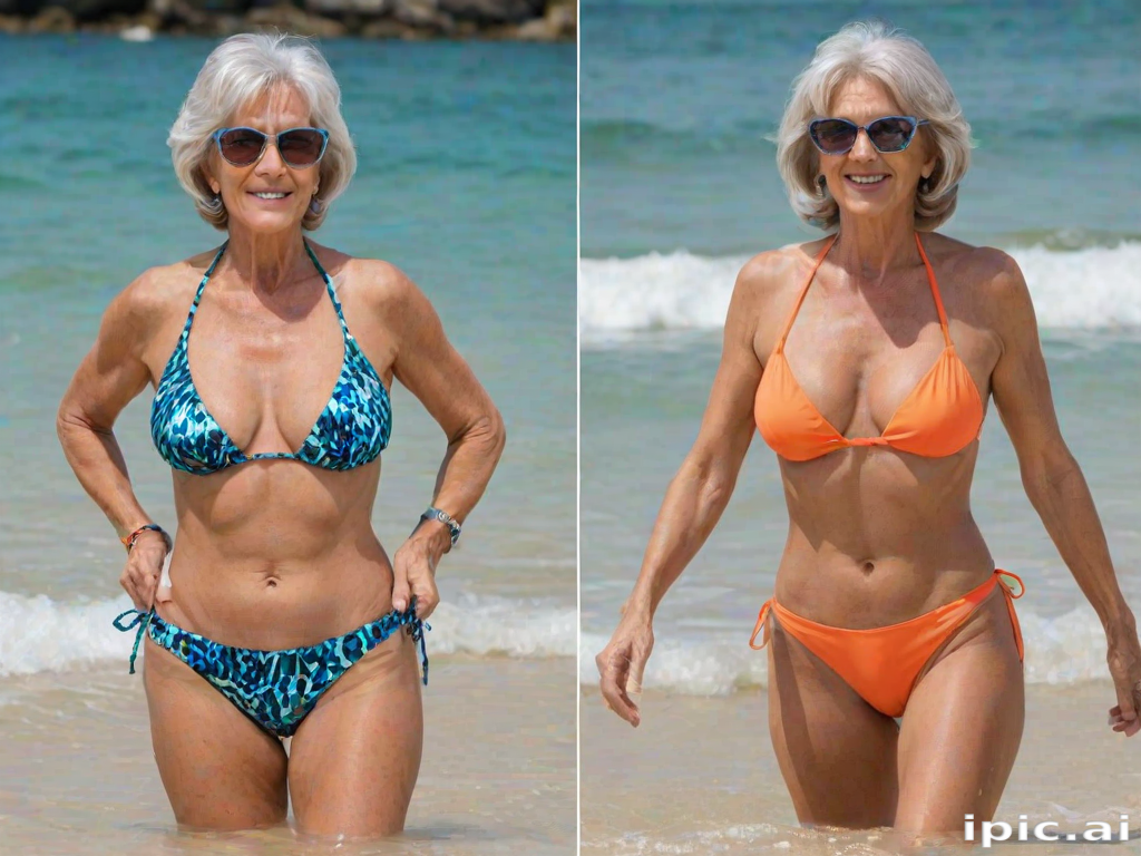 Confident Woman Enjoying a Day at the Beach in Two Bikinis