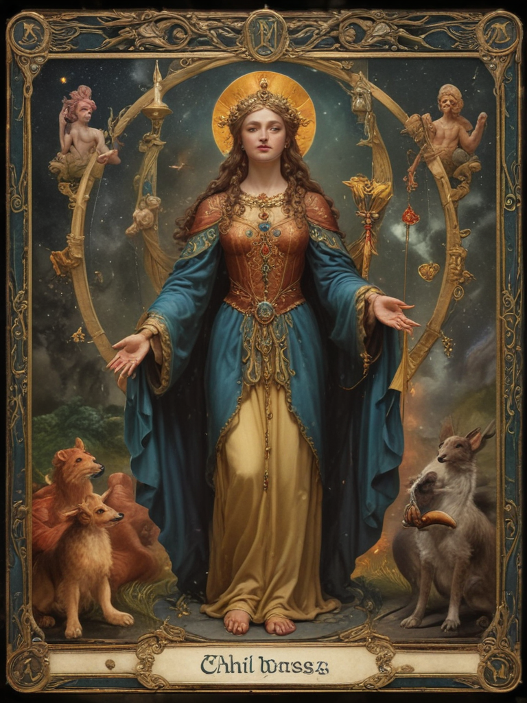 Divine Figure Surrounded by Nature and Mythical Beings in Cosmic Harmony