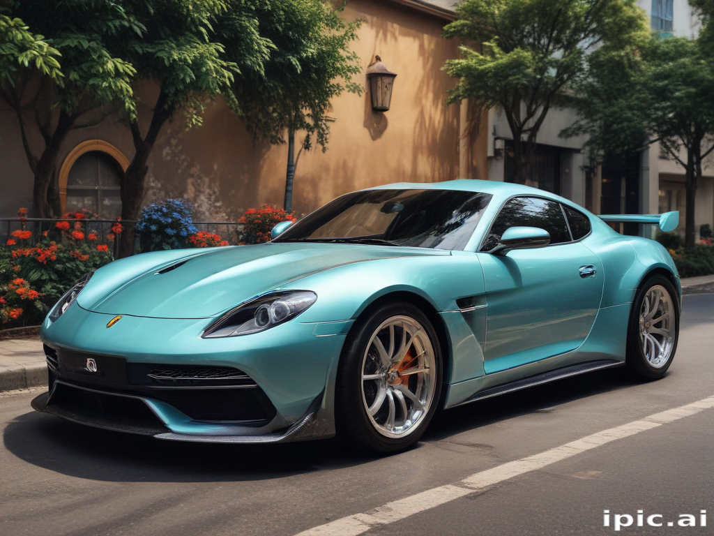 A Stunning Aqua Blue Sports Car Parked on a Lush Green Street.