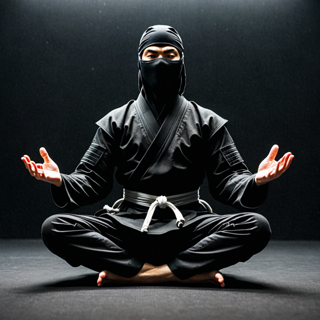 a ninja floating in black space while sitting with legs crossed meditating