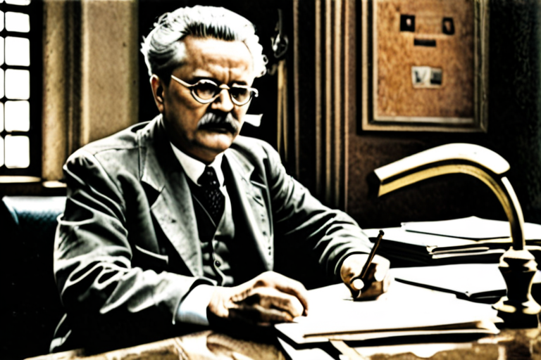 Trotsky is sitting at his desk in his office reading a piece of paper ...