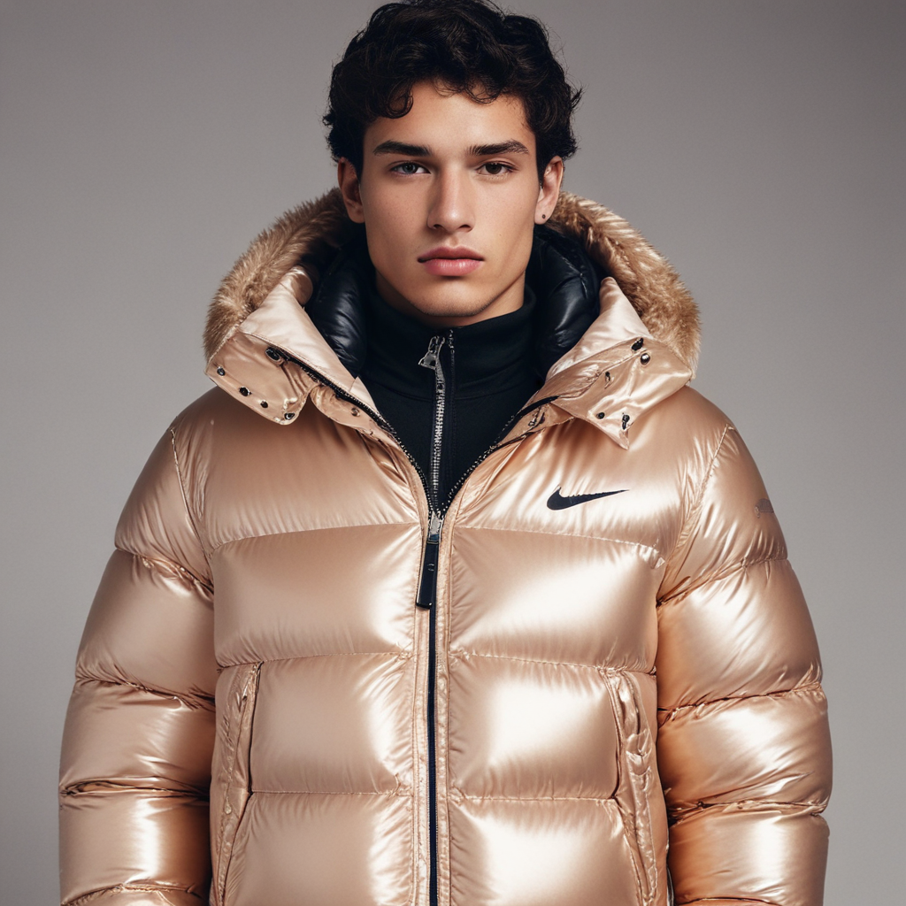 Male supermodel nike shiny puffer jacket bling jewellery hood