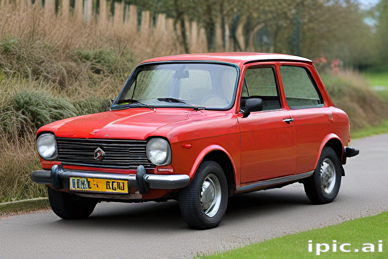 A Classic Red Compact Car Parked on a Scenic Country Road.