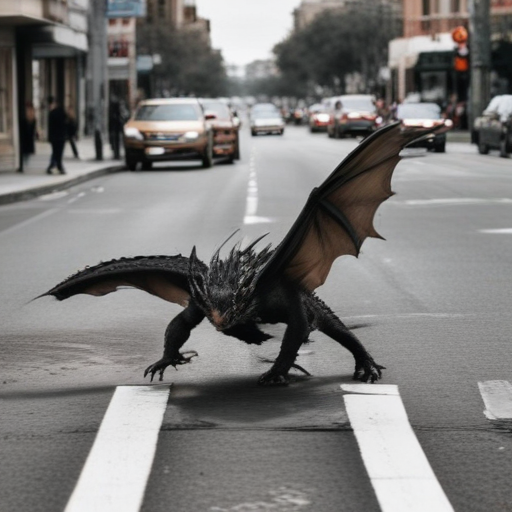 a dragon walking across a busy intersection