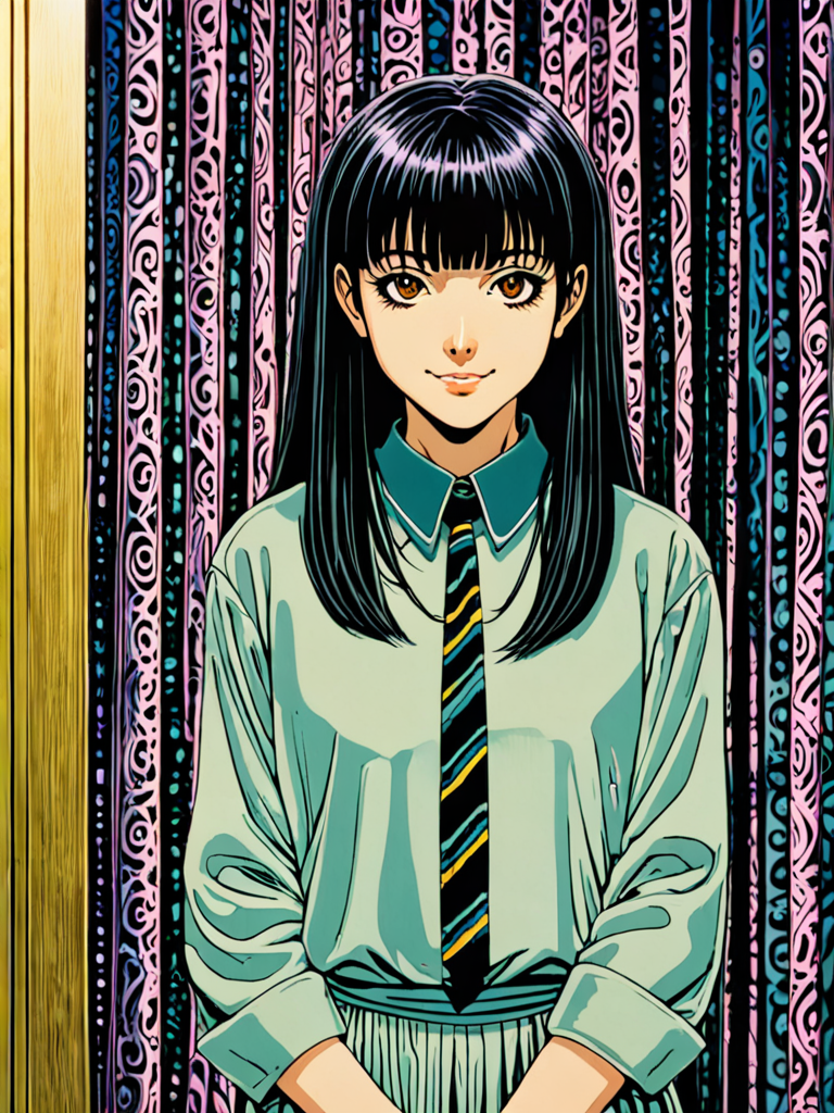 sci-fi, tomie, curtain bangs, cyberpunk, junji ito, lain, cute, smile