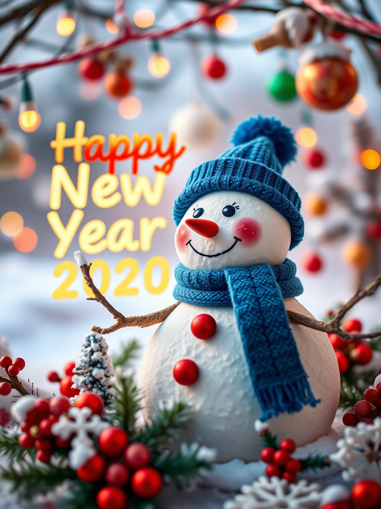 Generate a vibrant winter scene featuring a cheerful snowman wearing a ...