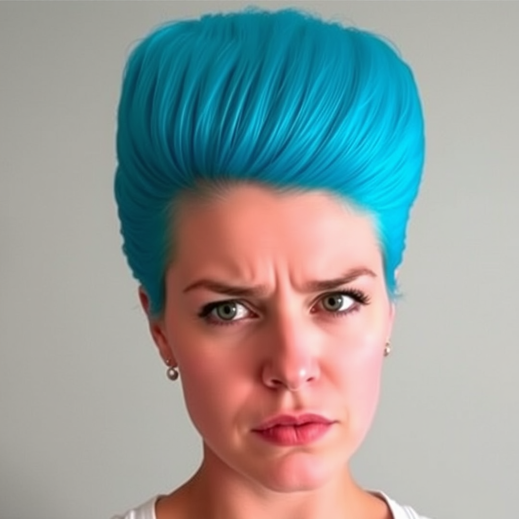 A Woman with Striking Blue Hair Displays a Serious Expression.