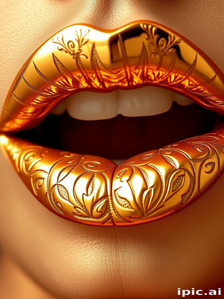 Stunning Close-Up of Luxurious Golden Lips with Intricate Floral Patterns