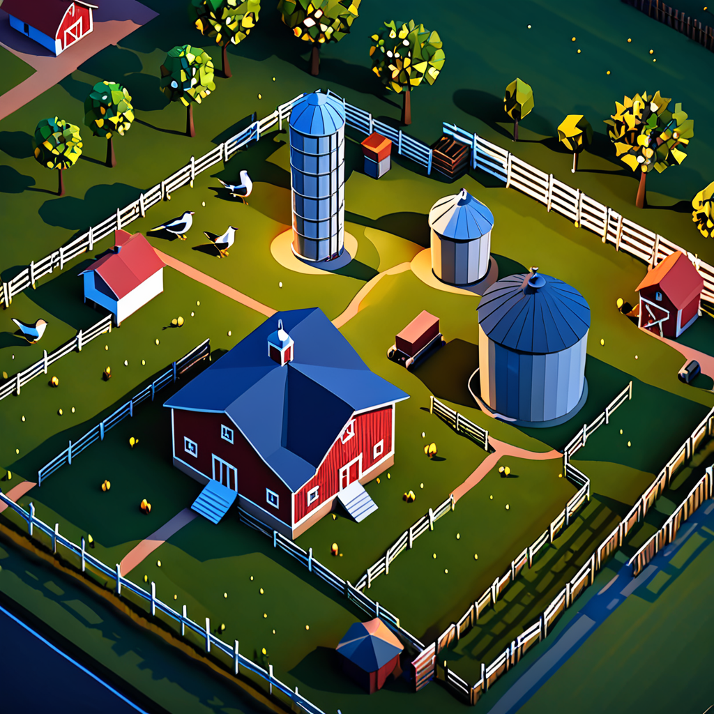 farm, birds eye view, barn, house, open area, silo, house, low poly, night