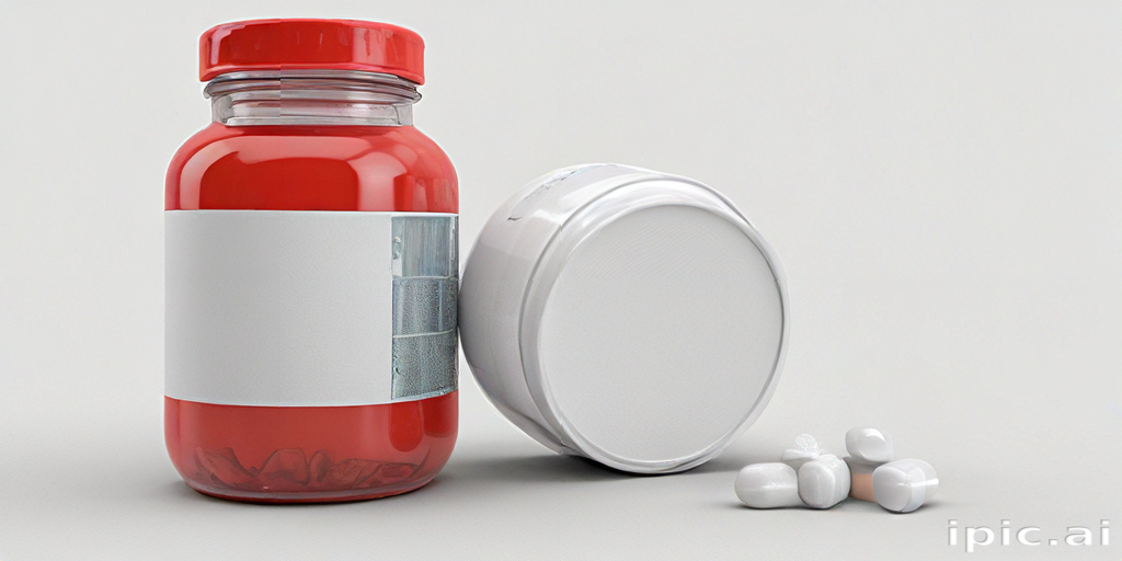 Container of Red Liquid Medicine Beside White Pill Bottle and Capsules