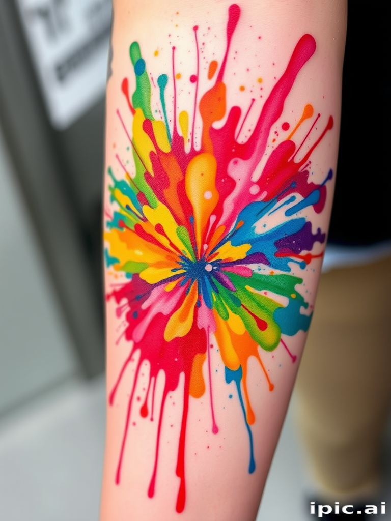 Vibrant Rainbow Splash Tattoo with Colorful Drips and Artistic Explosion