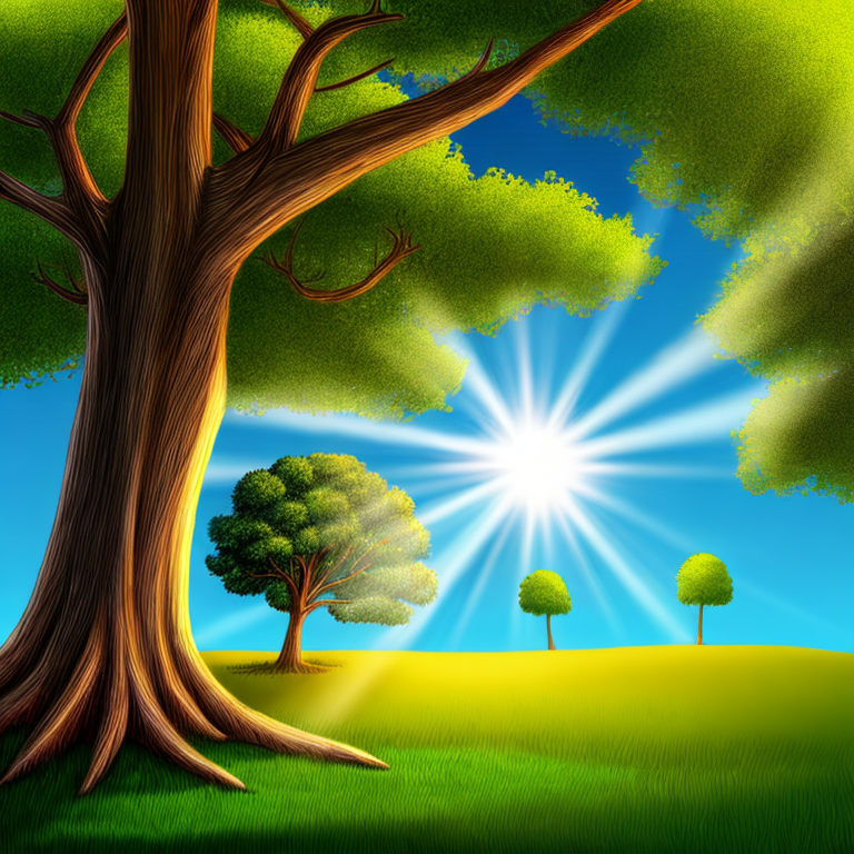 the sun's rays warm the tree, cartoon style