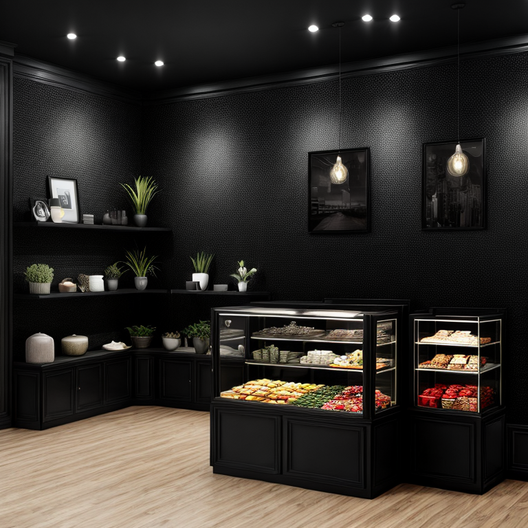 black interior inside a store with decorations, ultra realistic, 4k