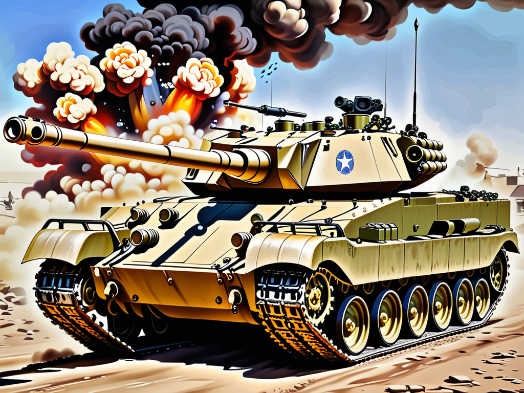 Dynamic Scene of a Tank in Action Amidst Explosions and Smoke