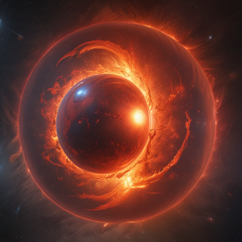 A very luminous plasma molten orangish-red ball in a galaxy, a red ...