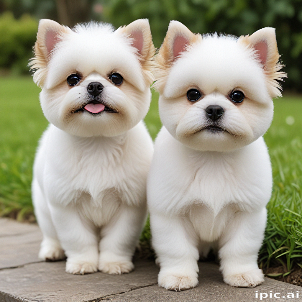 Two Adorable Fluffy Puppies Posing Together in a Sunny Outdoor Setting