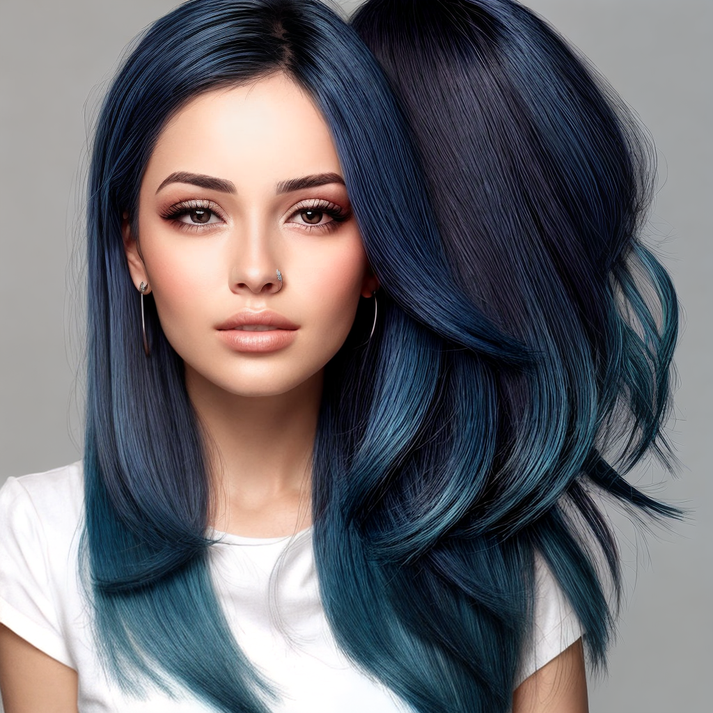 una mujer con cabello azul y ojos rojos cabello corto