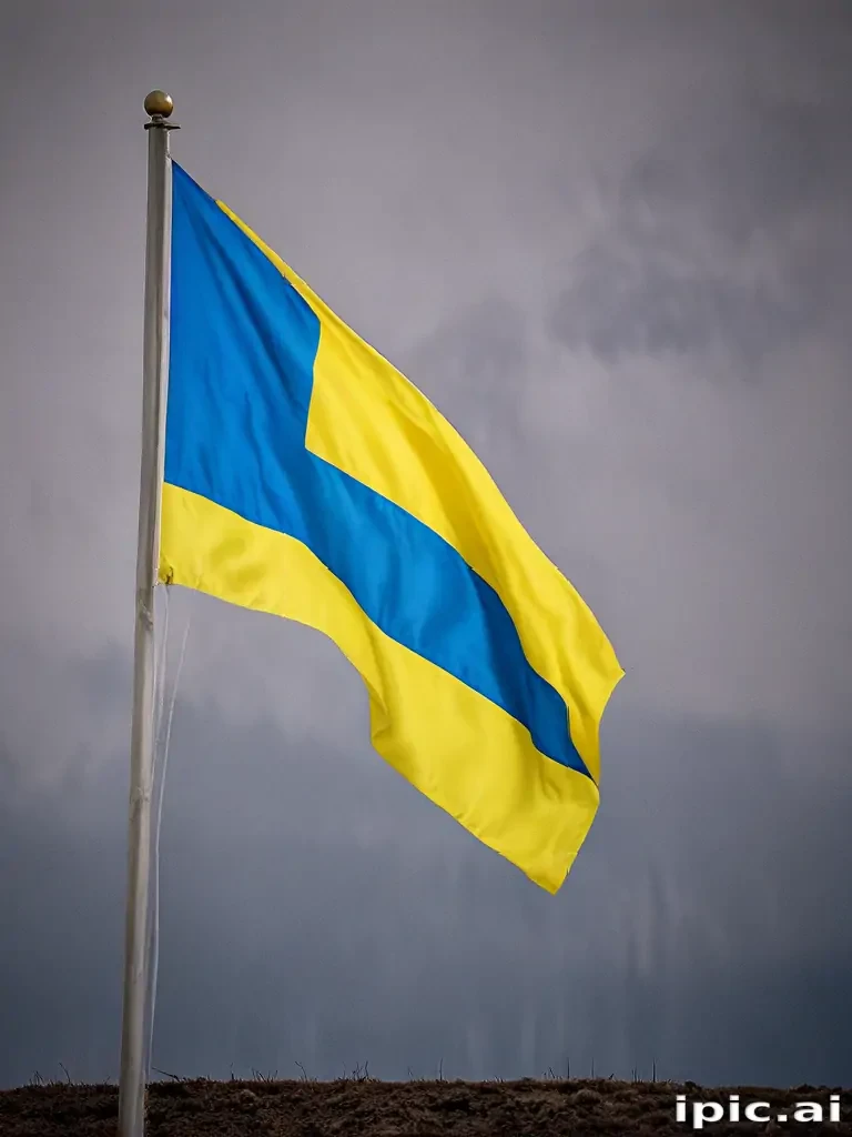 Ukrainian Flag Waves Proudly Against a Dramatic Cloudy Sky Background