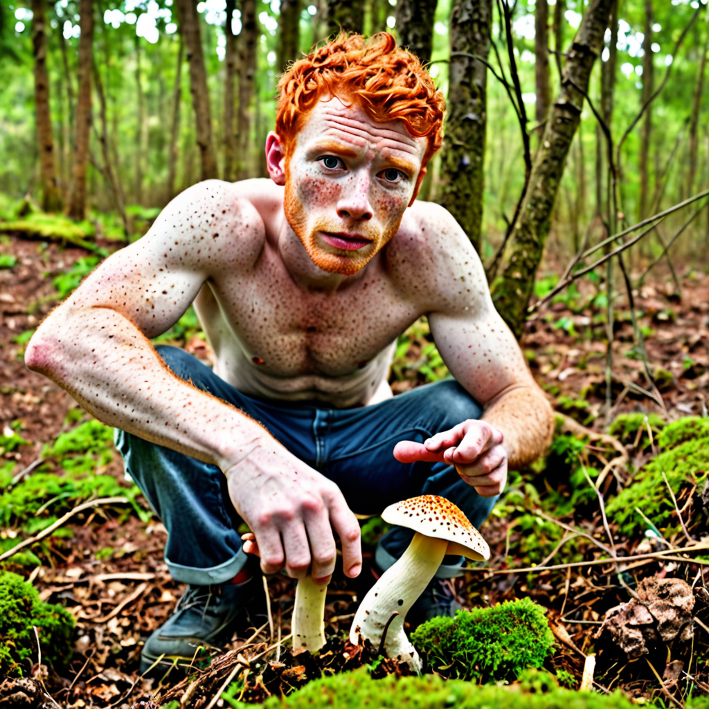 ugly freckled ginger zoomer emo guy picking mushrooms out of a sloppy dung
