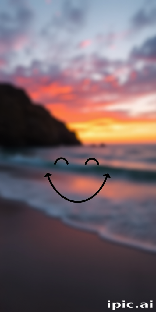 Serene Beach Sunset with a Playful Smiley Face Overlaying the Scene