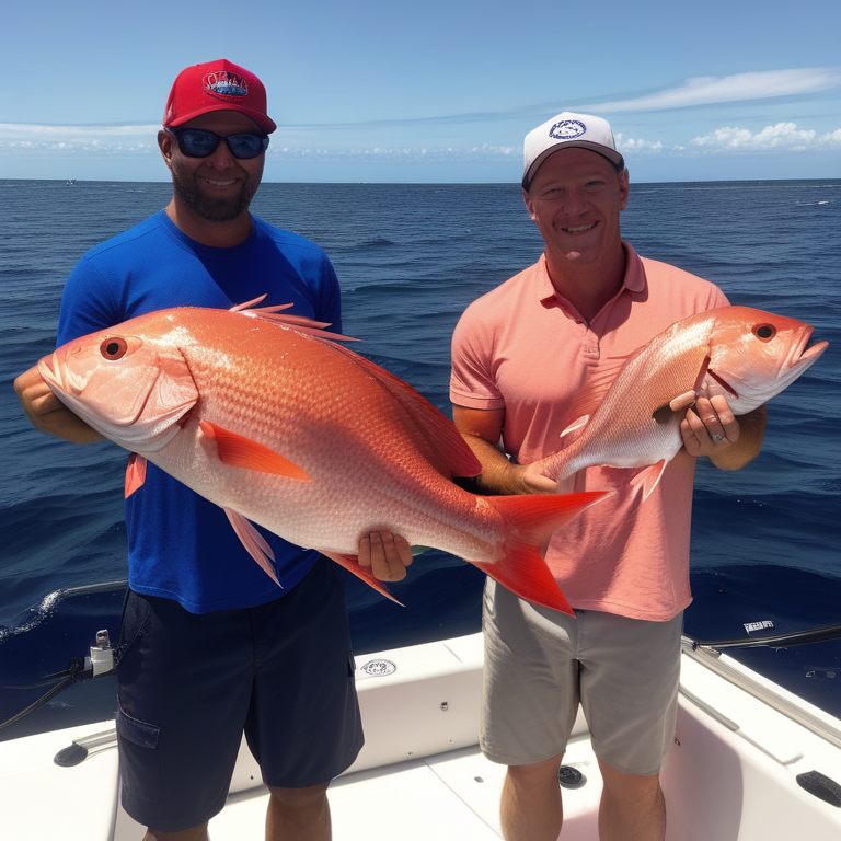 Two Friends Proudly Displaying Their Impressive Catch of Red Snapper Fish