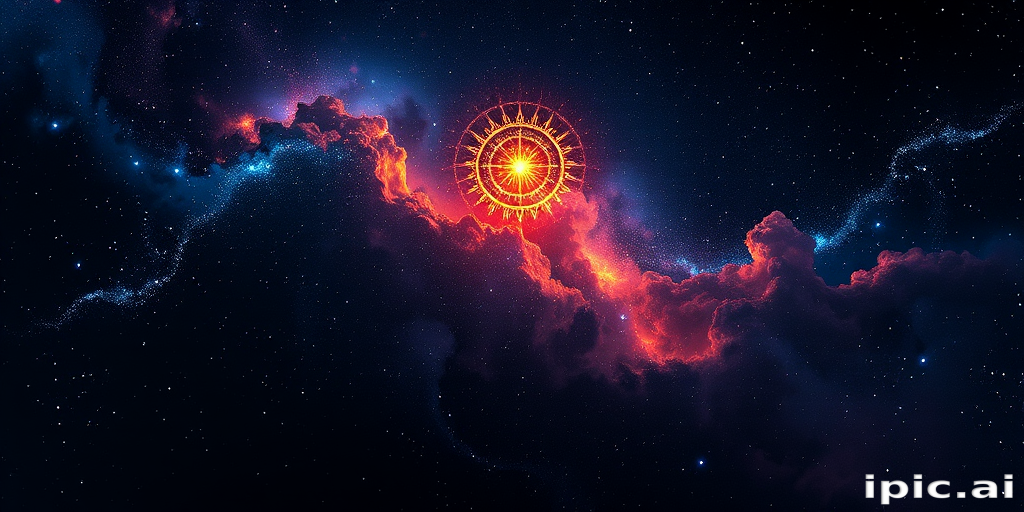 Vibrant Cosmic Landscape Featuring a Radiant Sun Amidst Colorful Nebulae