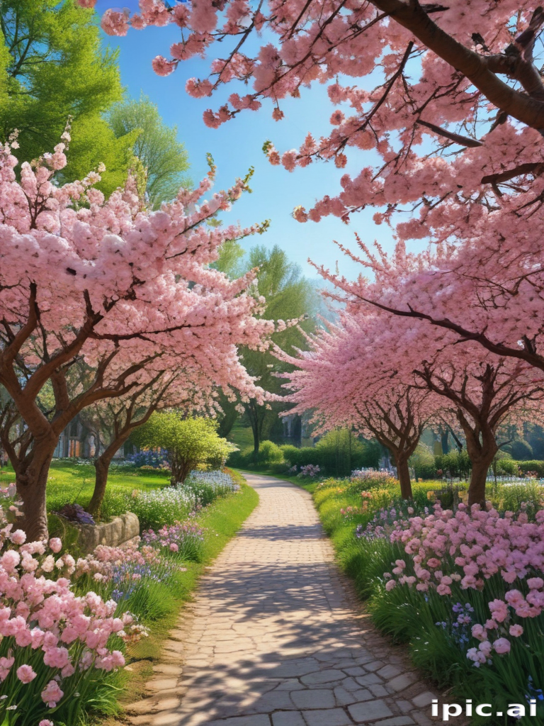 Serene Pathway Through Blossom-Laden Trees in a Vibrant Spring Garden