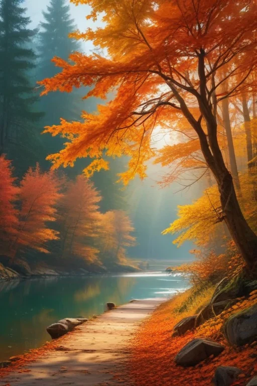 A Tranquil Autumn Scene with Vibrant Leaves Reflecting on Calm Waters