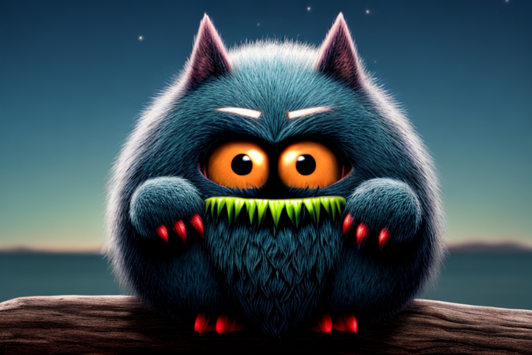 fluffy cute monster with teeth sleeping outside at night dark