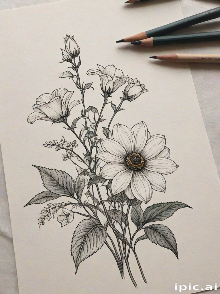 Intricate Botanical Illustration Featuring Various Flowers and Artistic ...
