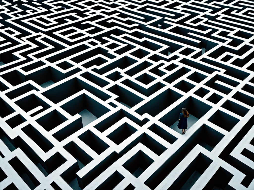 A woman lost in a big long maze in a storm.