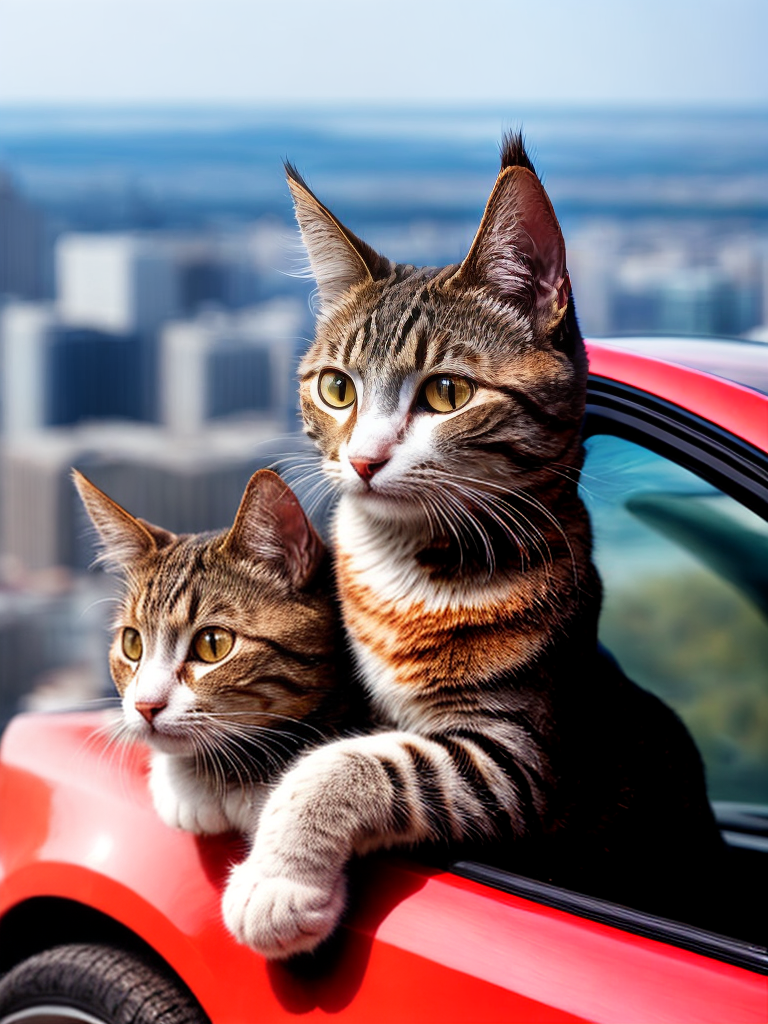 close up of a cat sitting in a red car over a city