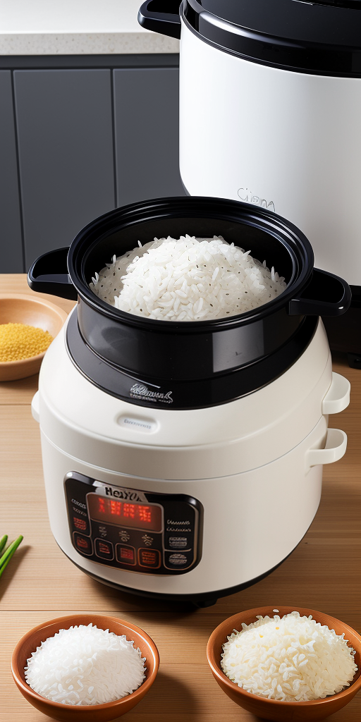 Modern Rice Cooker with Cooked Rice and Various Rice Varieties Displayed