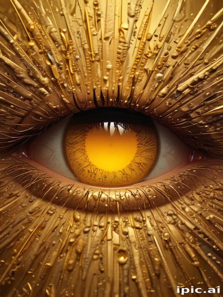 Intricate Close-Up of a Golden Eye Surrounded by Glimmering Droplets