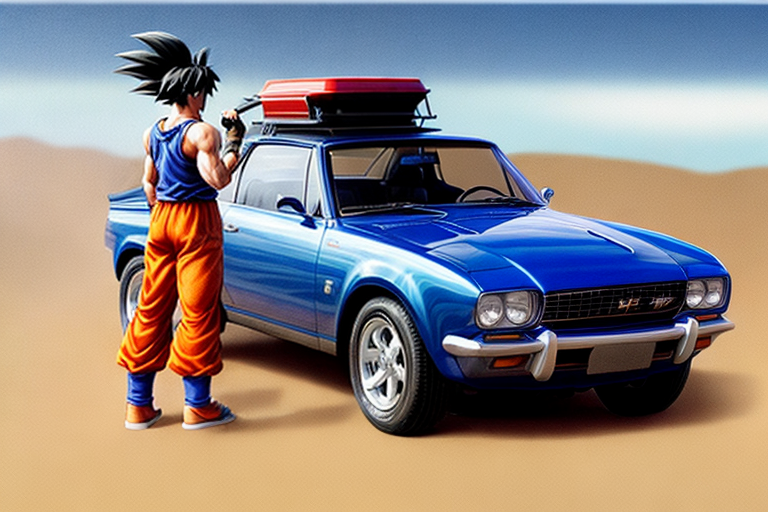 Goku with a car in his right hand and his mother looting a pencil