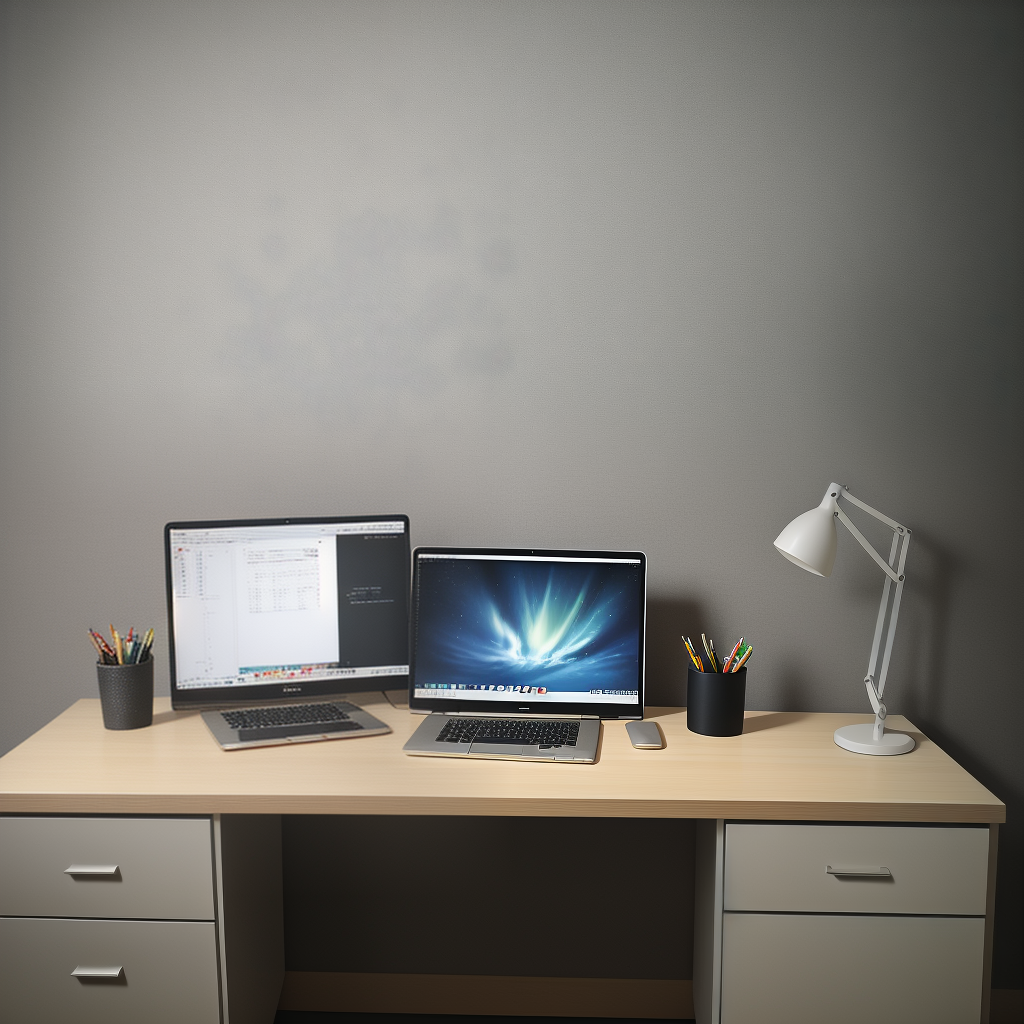 A Modern Workspace Featuring Two Laptops and Organized Desk Supplies.