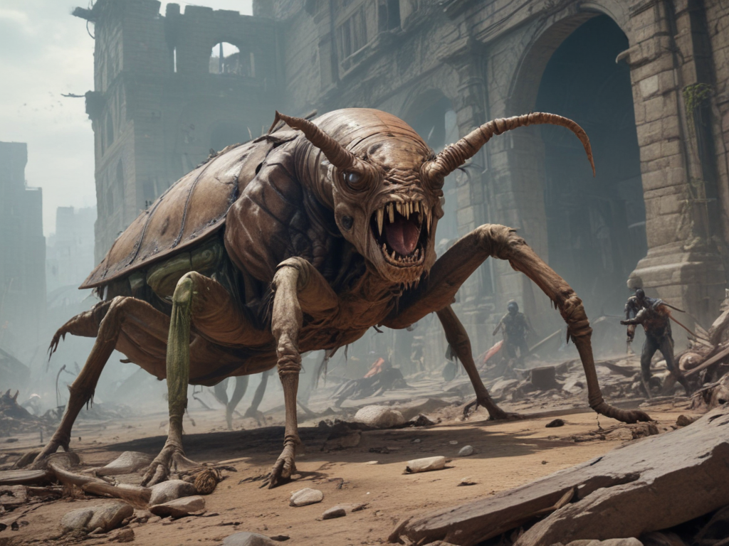 zombies atacking giant bug in ruins