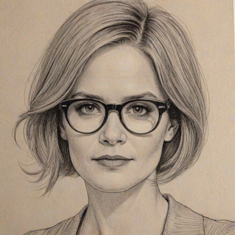A Detailed Sketch of a Woman with Short Hair and Glasses.