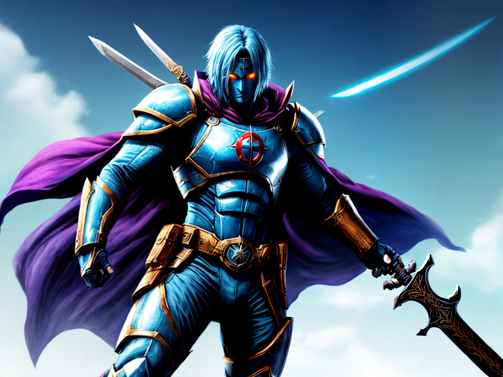 Templar, Anime, Man, full body, Blue Hair, Sword in right hand, Shield ...