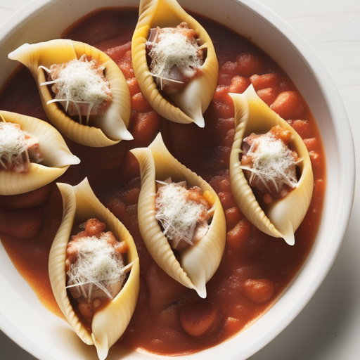 Deliciously Stuffed Pasta Shells in Rich Tomato Sauce with Cheese Topping.