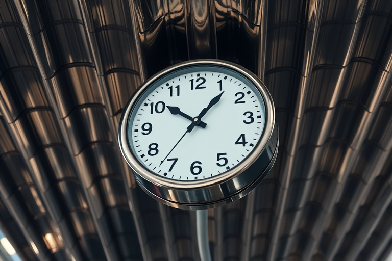 Capture an image of a clock mounted on a metallic ceiling with detailed ...