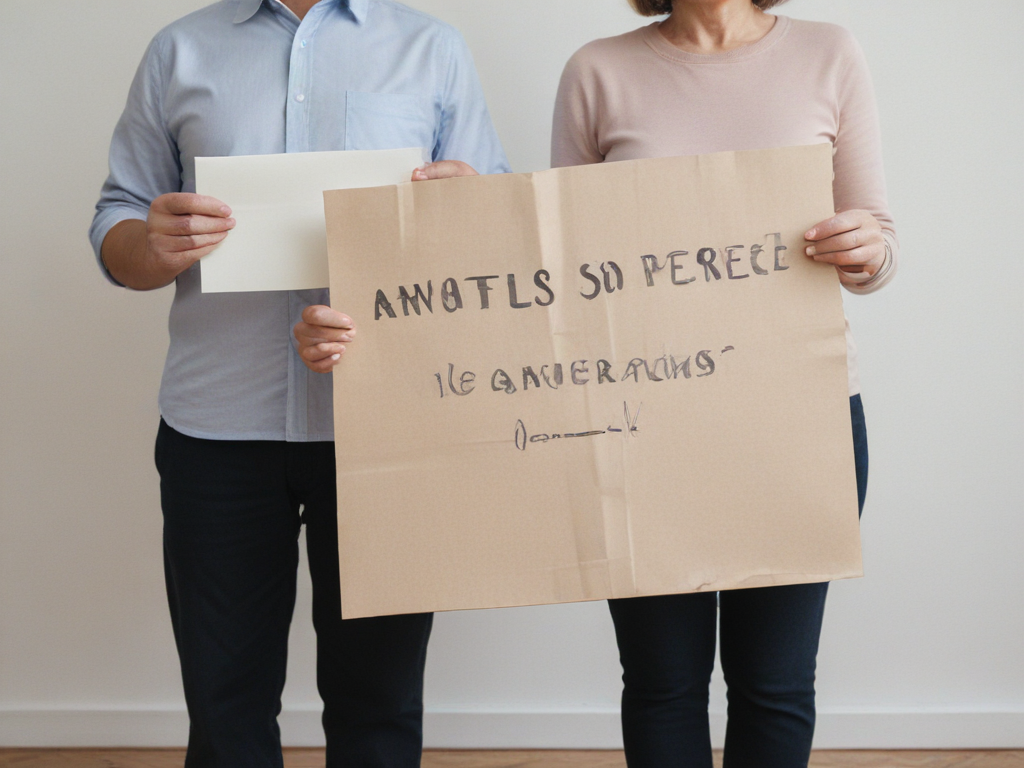 older couple, no face, holding paper with text