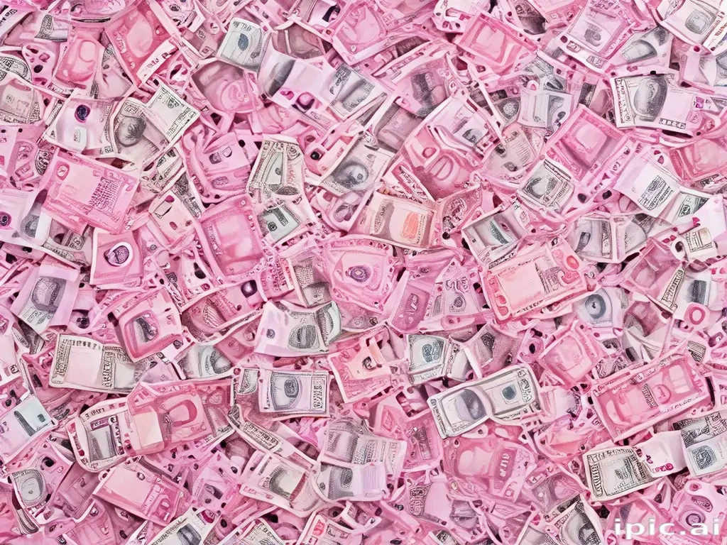 A Colorful Collection of Pink Play Money Spread Across a Surface.