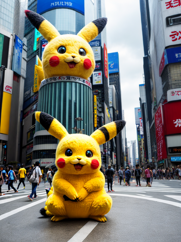 Realistic furry Pikachu in Tokyo shibuya crossing