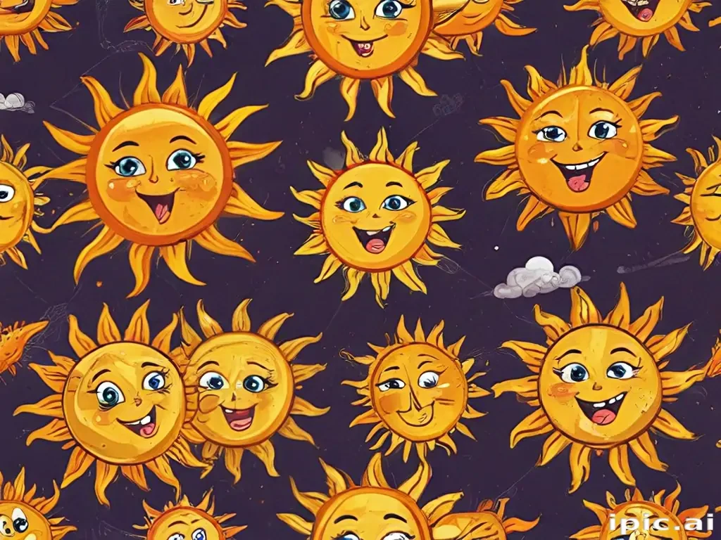 Cheerful Cartoon Suns with Smiling Faces Against a Dark Purple Background